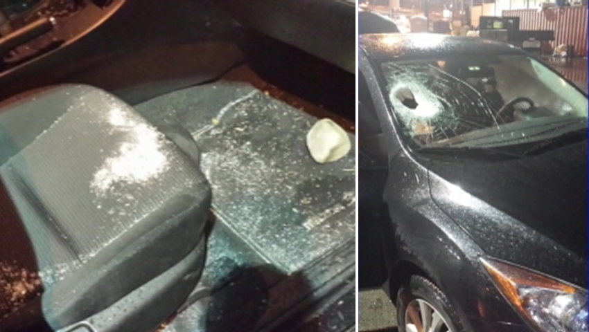 Large rock crashes through windshield of car on viaduct